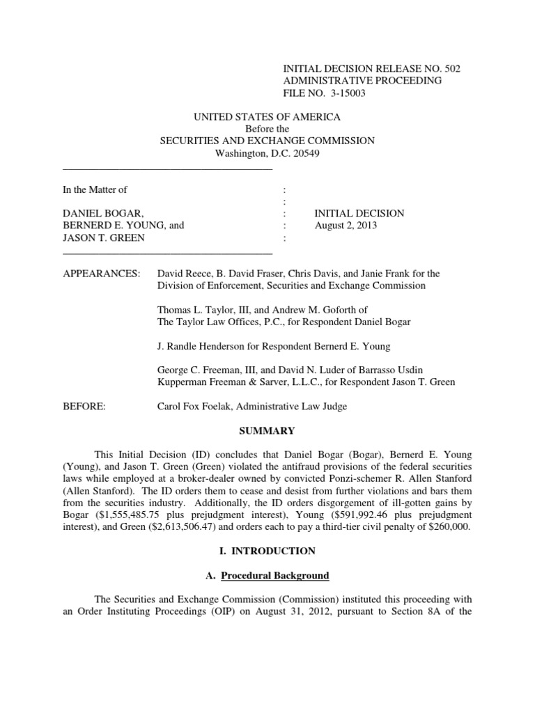 SEC Enforcement Action Initial Decision Against Former Stanford Group ...