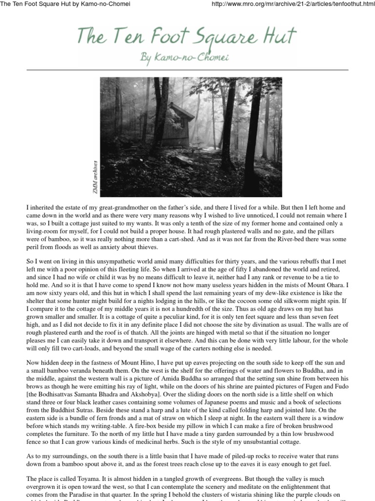 The Ten Foot Square Hut by Kamo-No-Chomei | PDF | Religion And Belief