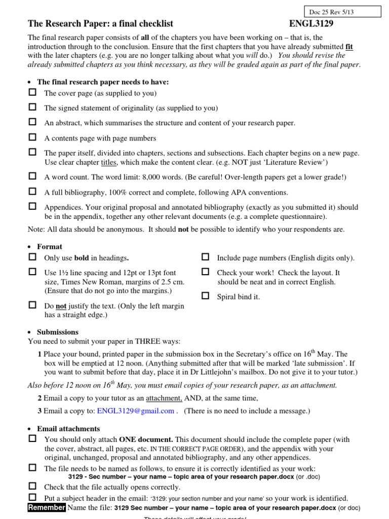 The Research Paper: A Final Checklist ENGL3129 | PDF | Email | Computing