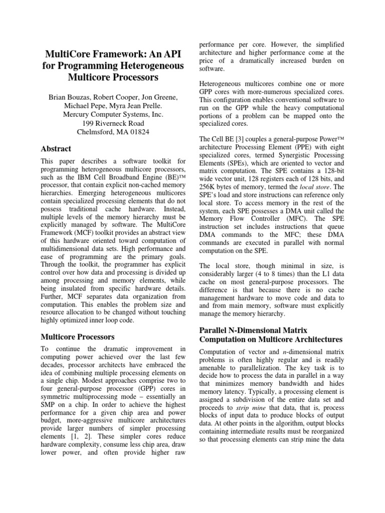Multicore Framework An Api For Programming Heterogeneous Multicore Processors Pdf Multi