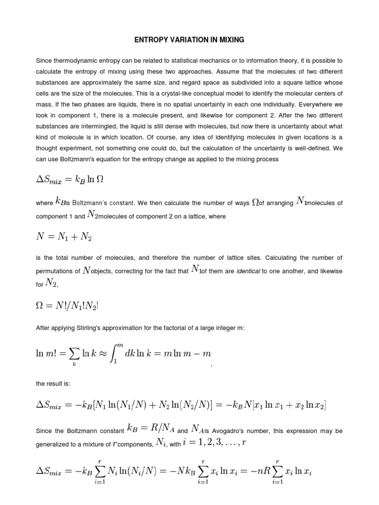 Entropy of Mixing in Thermodynamics | PDF
