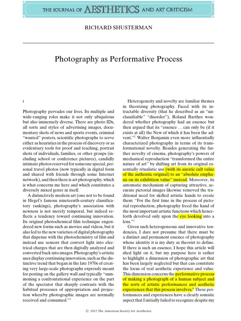 Photography As Performative Process | PDF | Aesthetics | Photograph