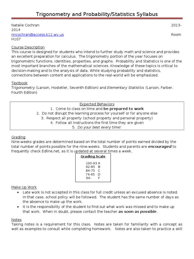 Trigonometry and Probability/Statistics Syllabus: Nncochran@access.k12 ...
