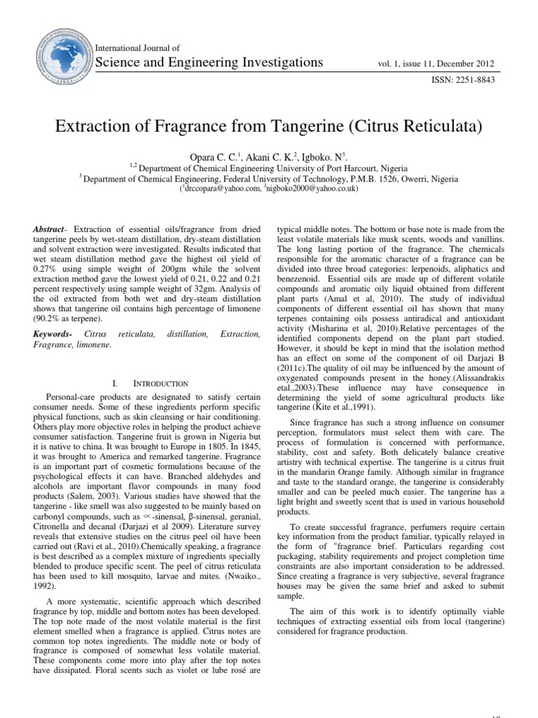 Extraction of Fragrance From Tangerine (Citrus Reticulata) | PDF ...