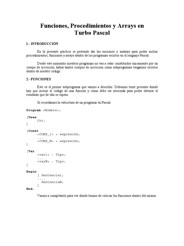 Funciones, Procedimientos y Arrays en Turbo Pascal | PDF | Lenguaje de ...