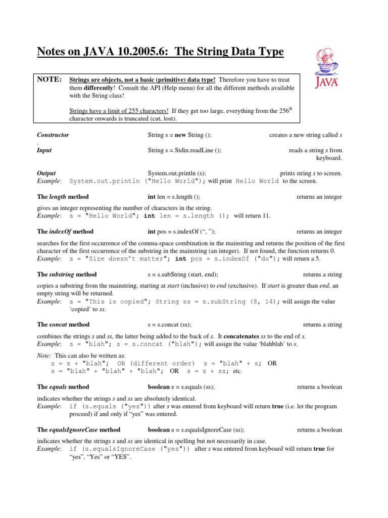 Notes On Java 1020056 The String Data Type Constructor Input Pdf String Computer