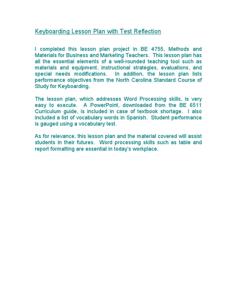 Keyboarding Lesson Plan With Test Reflection | PDF