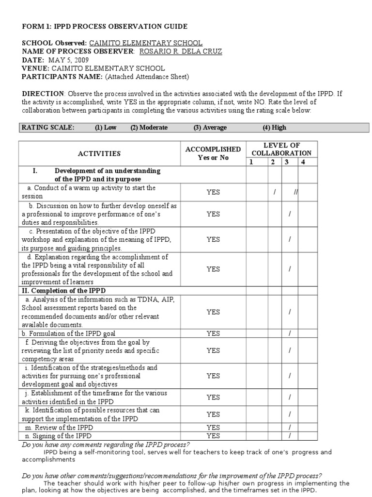 FORM 1-3 IPPD Observation Guide | PDF | Competence (Human Resources) | Goal