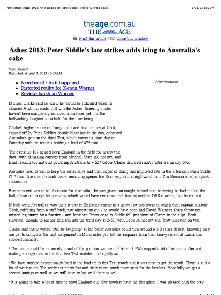 Peter Siddle's Late Strikes Adds Icing To Australia's Cake | PDF ...