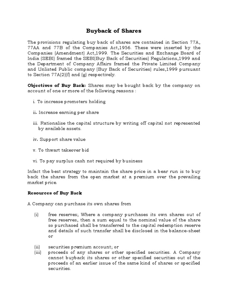 Buy Back of Shares | PDF | Share Repurchase | Securities (Finance)