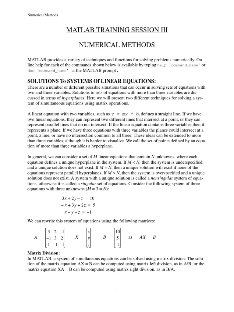 Matlab Training Session Iii Numerical Methods: Solutions To Systems of ...