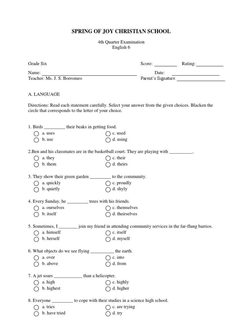 4th Quarter in English Grade 6 | PDF | Hawk | Fish