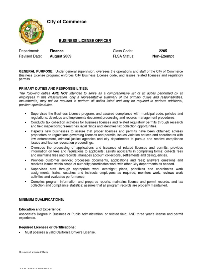 Business License Officer Responsibilities | PDF | Regulatory Compliance ...