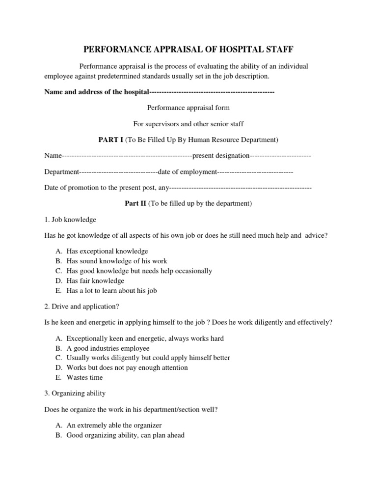 Hospital Staff Performance Appraisal Form | PDF | Performance Appraisal ...