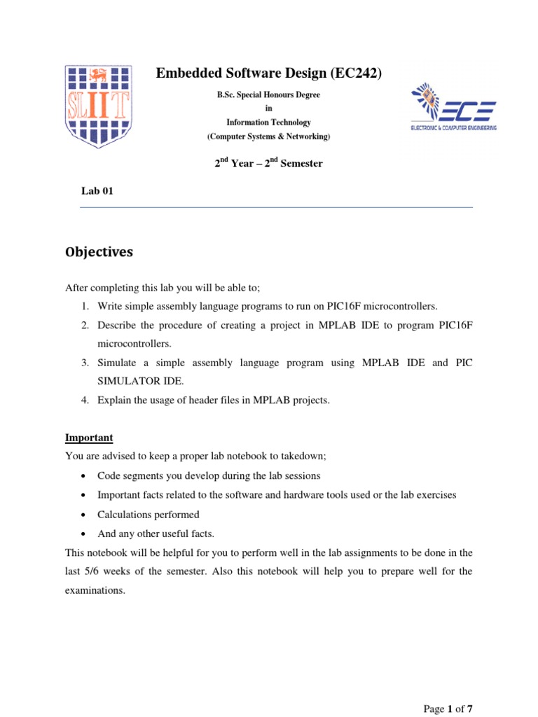 Embedded Software Design (EC242) : 2 Year - 2 Semester Lab 01 | PDF | Pic Microcontroller ...