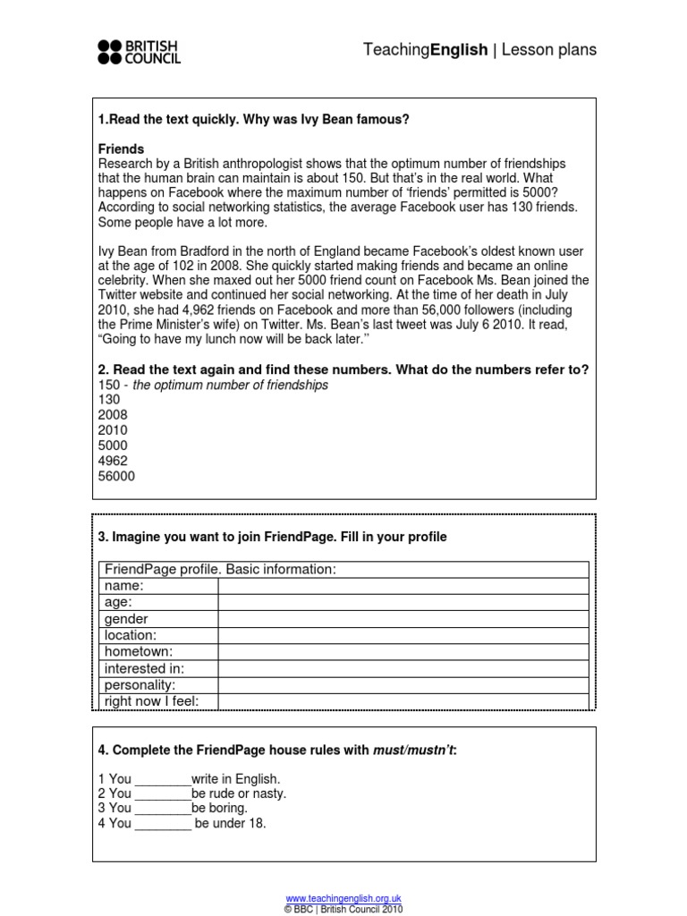 Facebook Lesson Plan Worksheets | PDF | Facebook | Social Networking ...