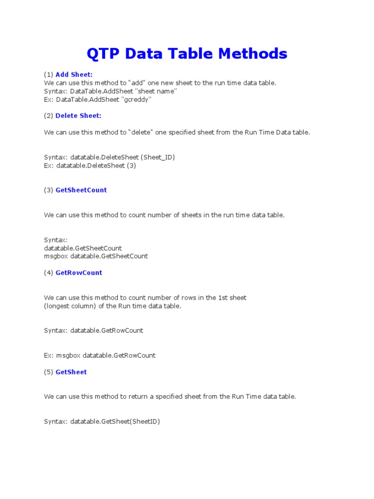 QTP Data Table Methods: Add Sheet | PDF | Microsoft Excel | Table (Database)