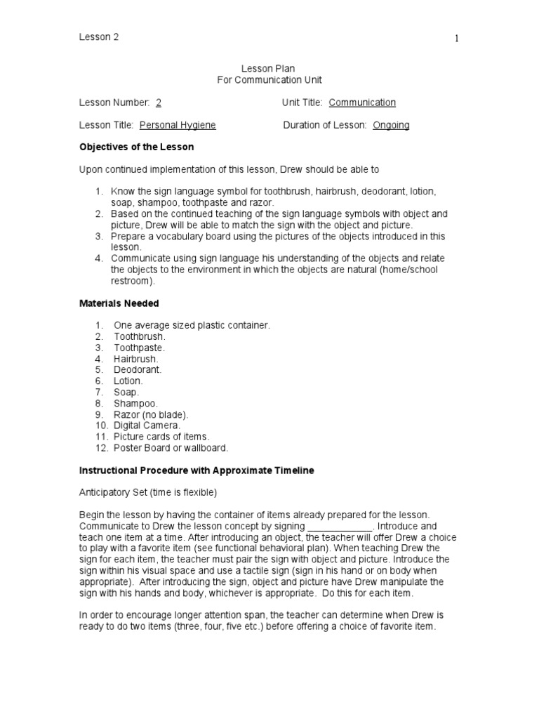Lesson Plan On Personal Hygiene | Lesson Plan | Applied Psychology