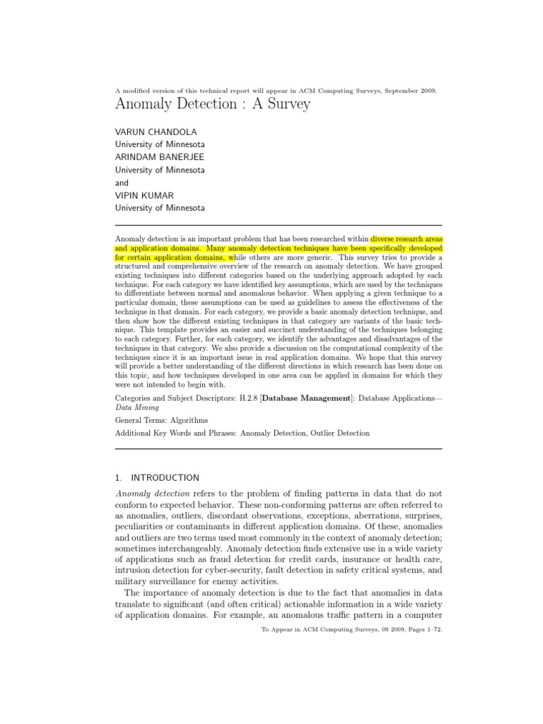Anomaly Detection Survey Pdf Fraud Computer Network