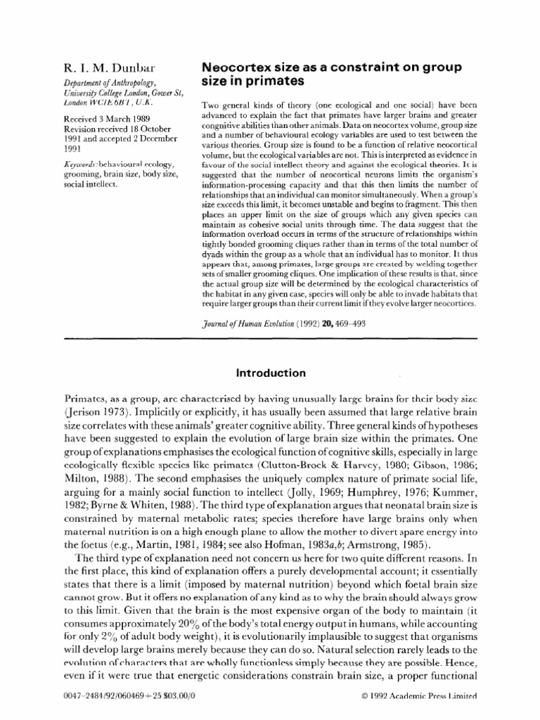 Neocortex Size As A Constraint On Group Size in Primates (Dunbar) | PDF ...