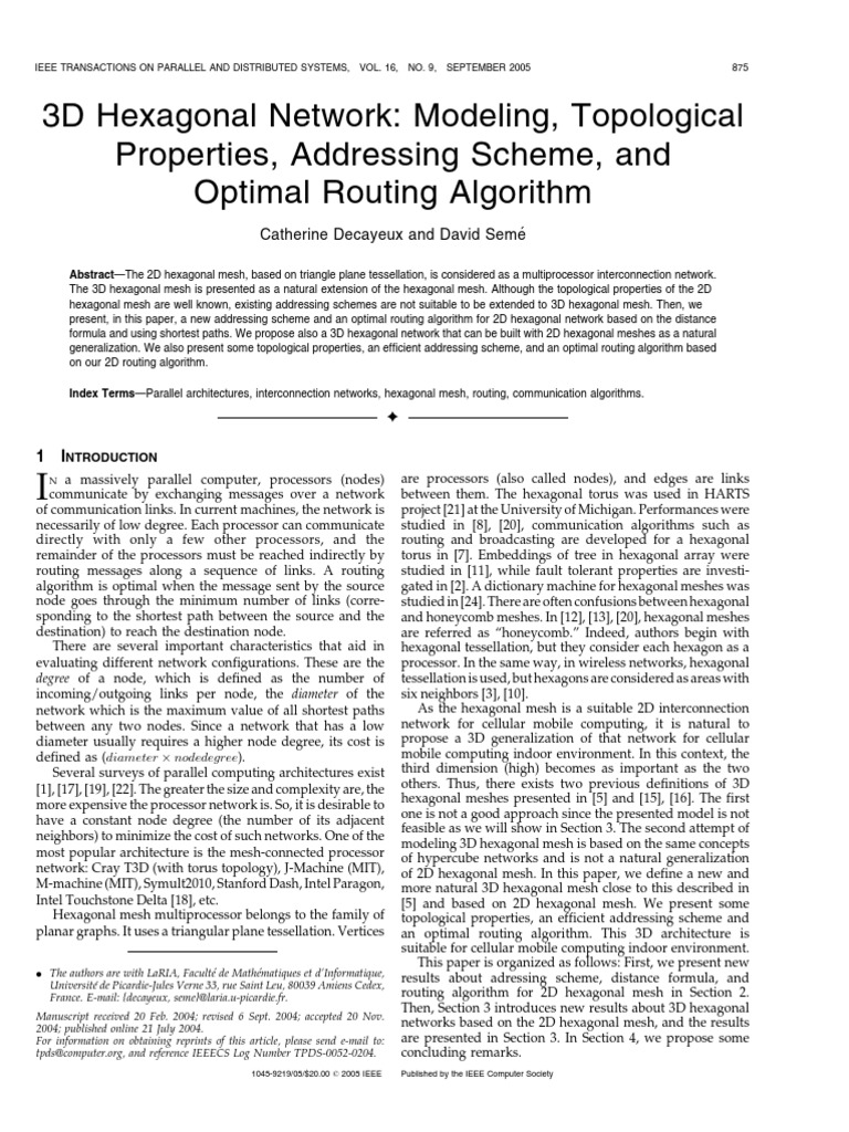 3D Hexagonal Network: Modeling, Topological Properties, Addressing Scheme, and Optimal Routing ...