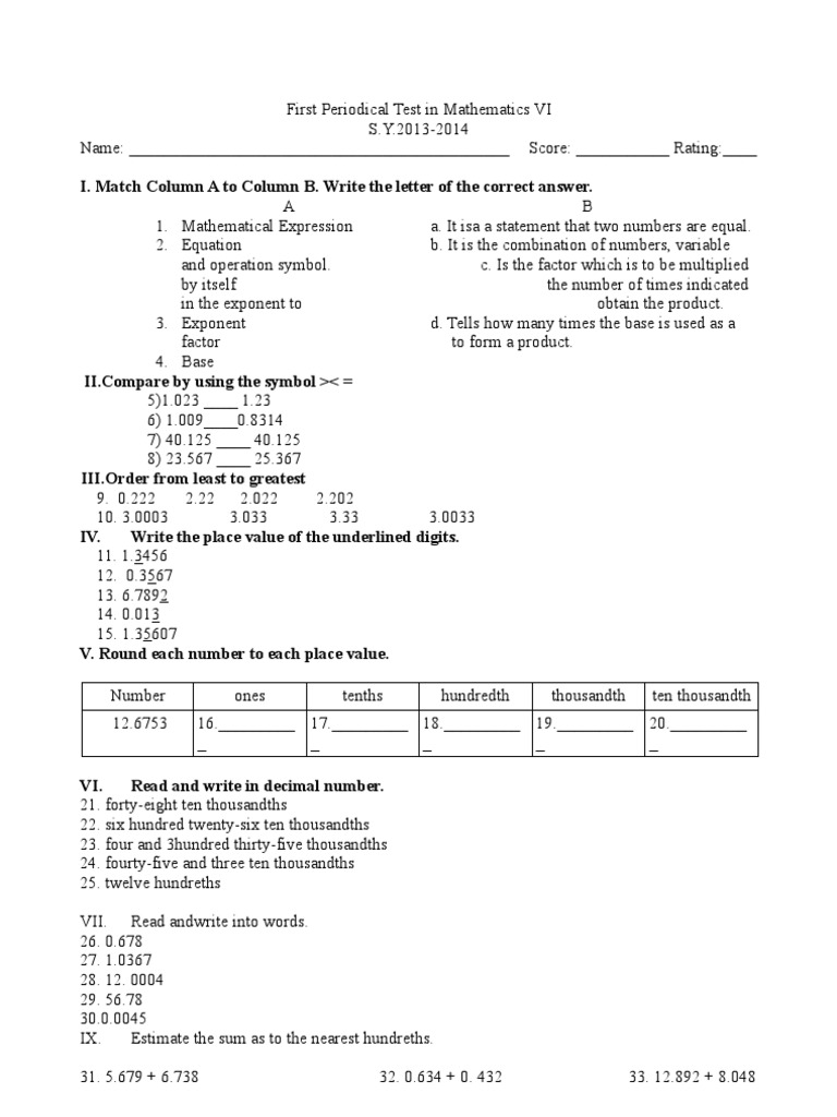 1st Periodical Test in Mathematics VI | PDF | Teaching Methods ...