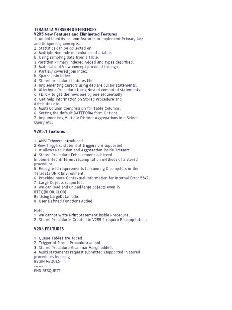 Teradata Version Differences | PDF | Subroutine | Database Index