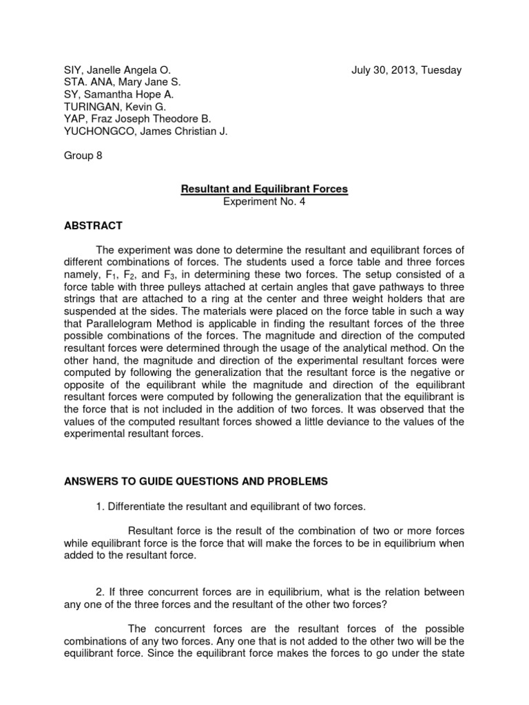Resultant and Equilibrant Forces Experiment No. 4 | PDF | Experiment ...