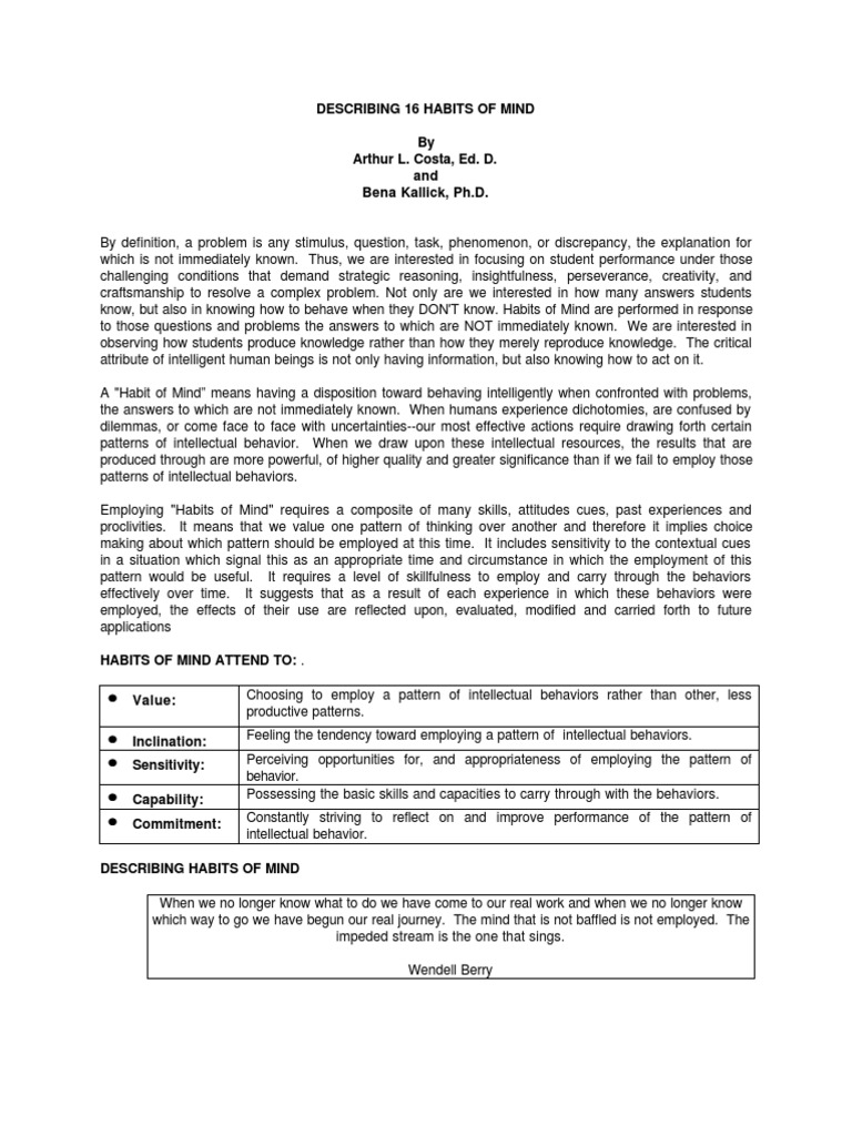 16 Essential Habits of Mind | PDF | Metacognition | Perception