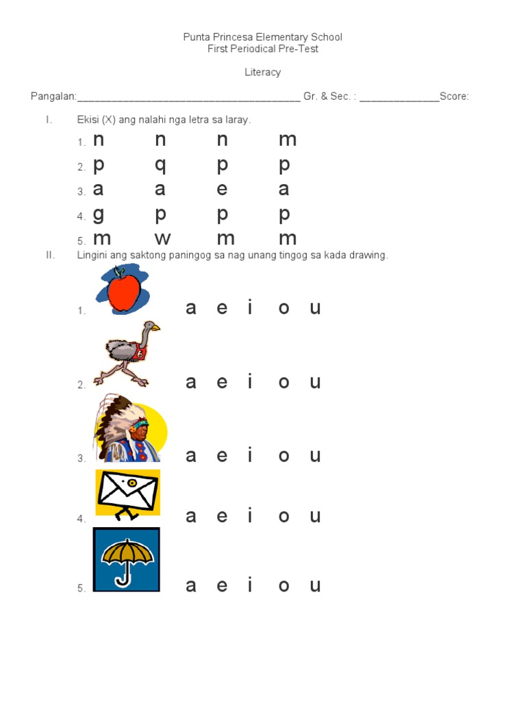 Pre Test Literacy 1st GRADE ONE | PDF