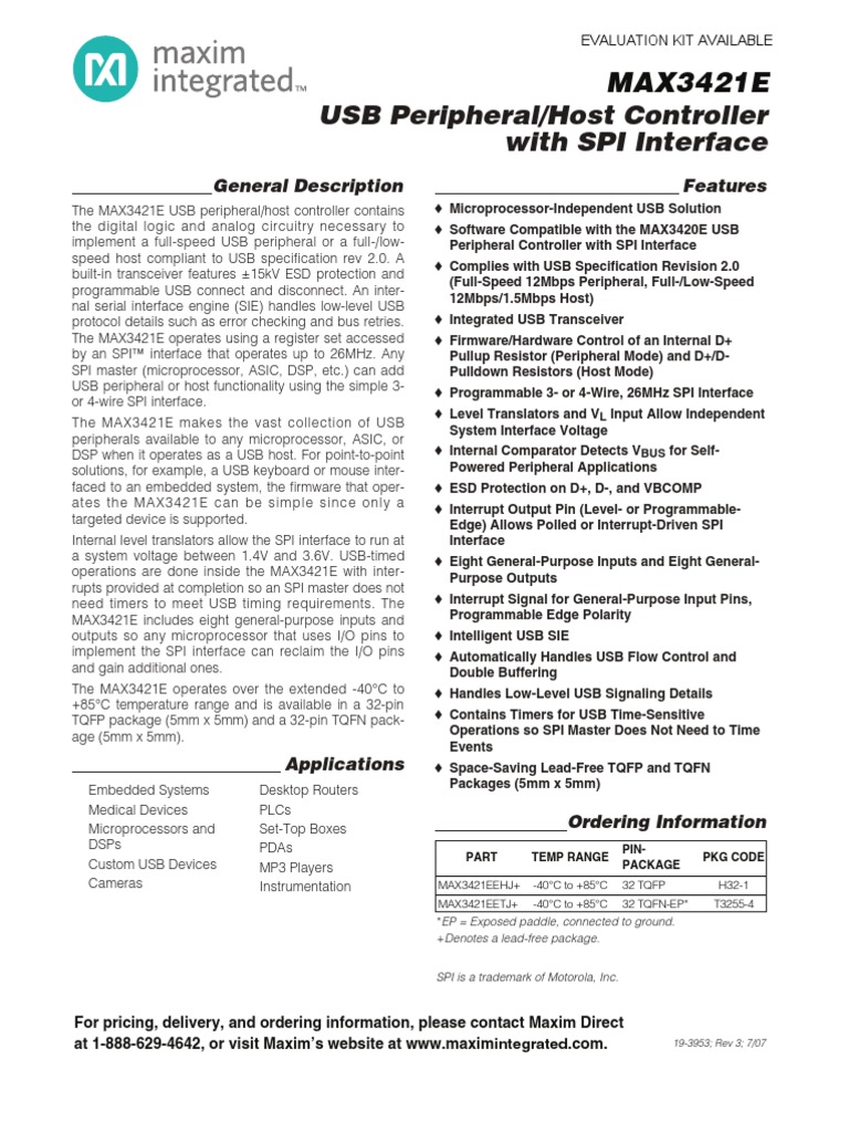 MAX3421E USB Host Controller | PDF | Usb | Computer Hardware