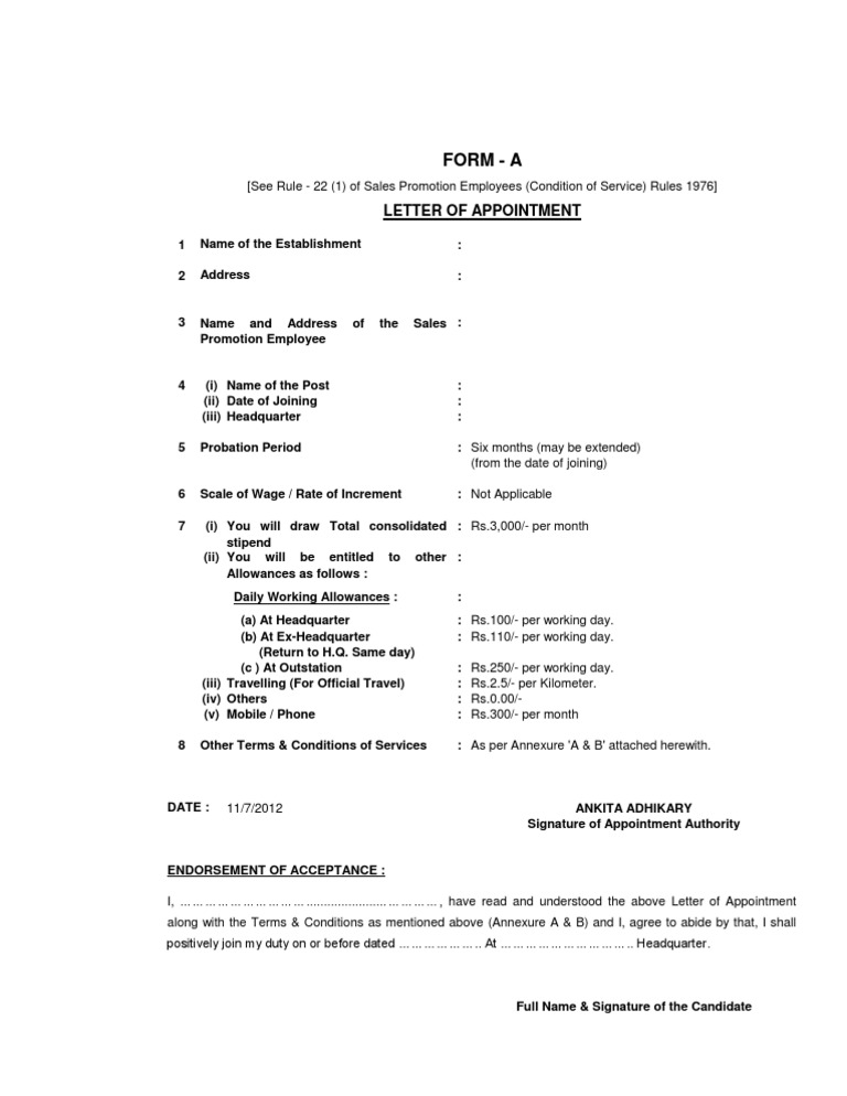 Appointment Letter for Sales Promotion Role | PDF