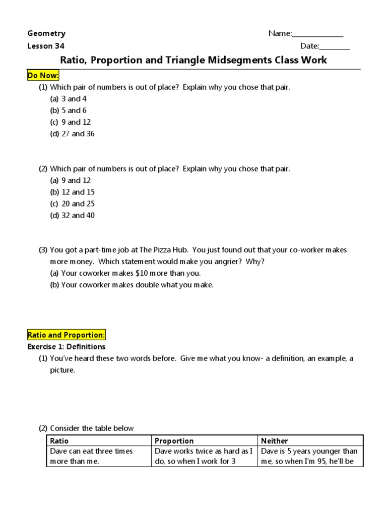 Ratio and Proportion Intro Lesson For Geometry | PDF | Ratio | Fraction ...