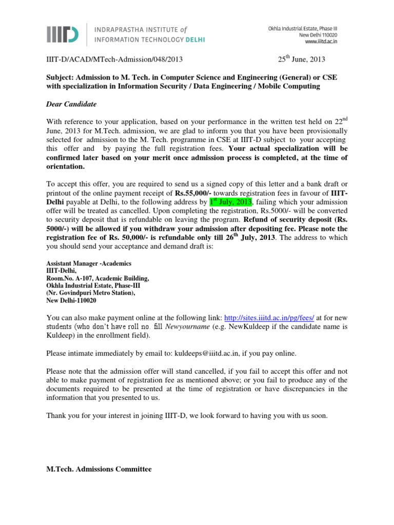 M Tech-CSE-2013 Written Test-Offer Letter-First List | PDF | University ...