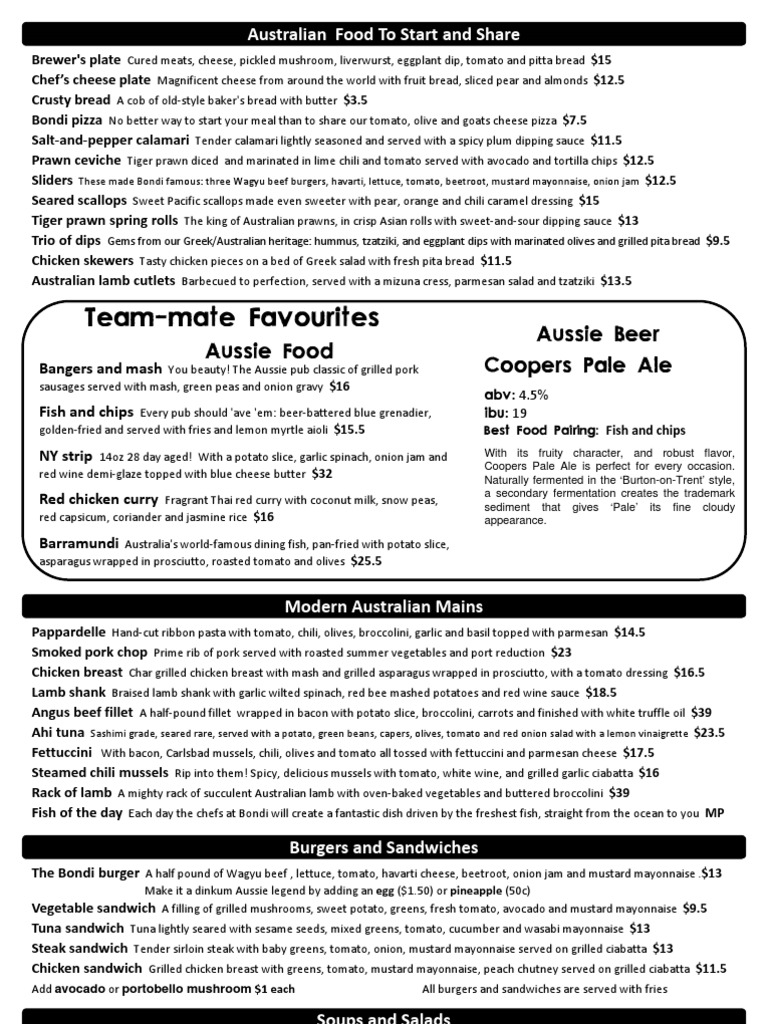 Bondi MENU Jan 2009 | PDF | Salad | Hamburgers