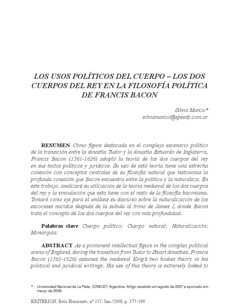 ART-Manzo, Silvia. Los Usos Políticos Del Cuerpo. Los Dos Cuerpos Del Rey en La Filosofía ...