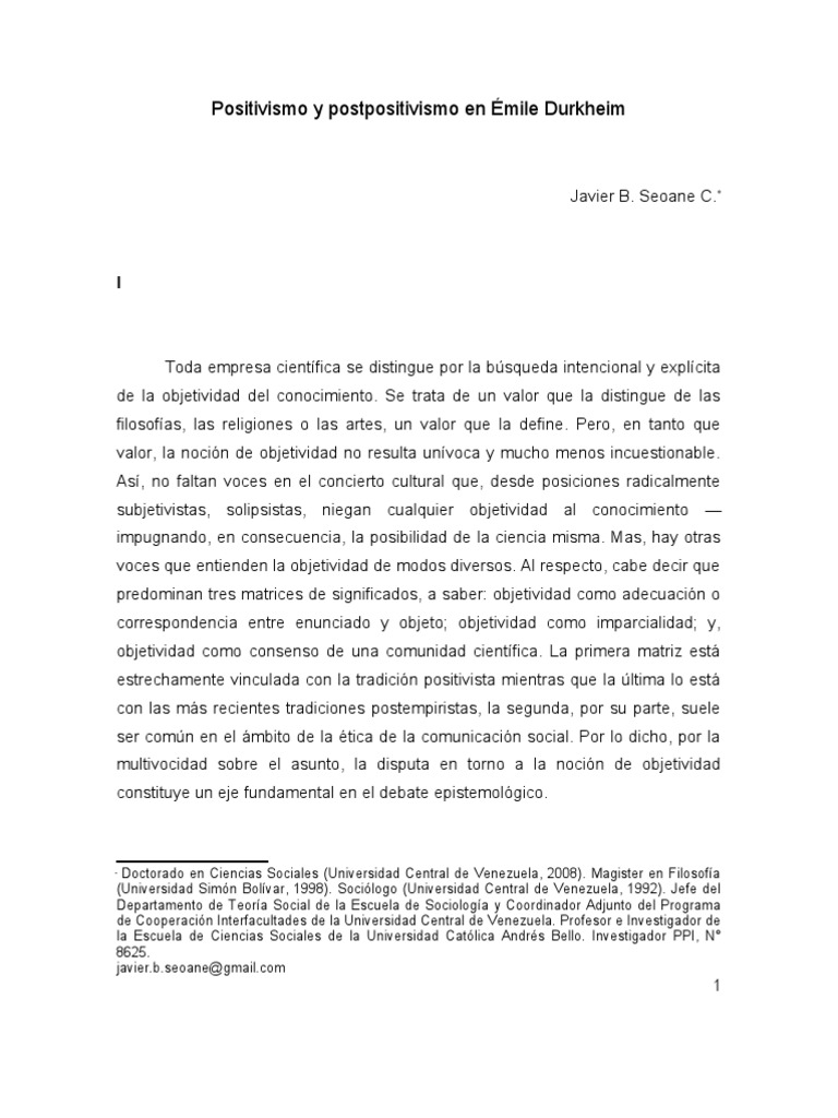 Positivismo y Postpositivismo en Émile Durkheim. Javier Seoane | PDF ...