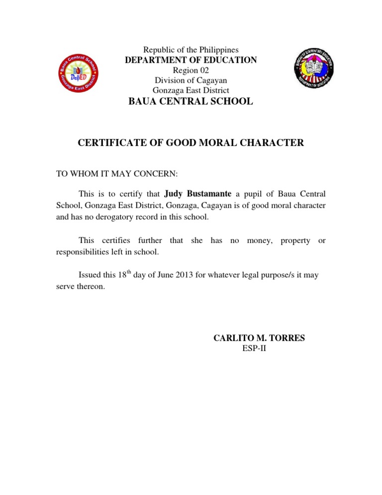 Certificate of Good Moral Character | PDF | Wellness