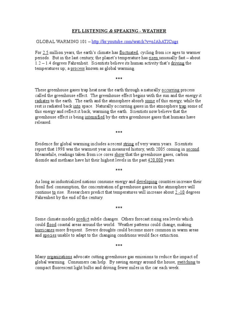 EFL Listening&Speaking Weather Worksheet | PDF | Greenhouse Effect ...