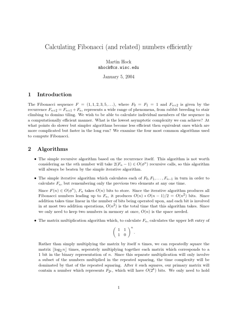 Calculating Fibonacci (And Related) Numbers Efficiently: Martin Hock Mhock@cs - Wisc.edu January ...