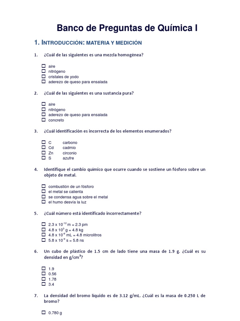 Banco de Preguntas de Quimica I | Configuración electronica | Radiación electromagnética