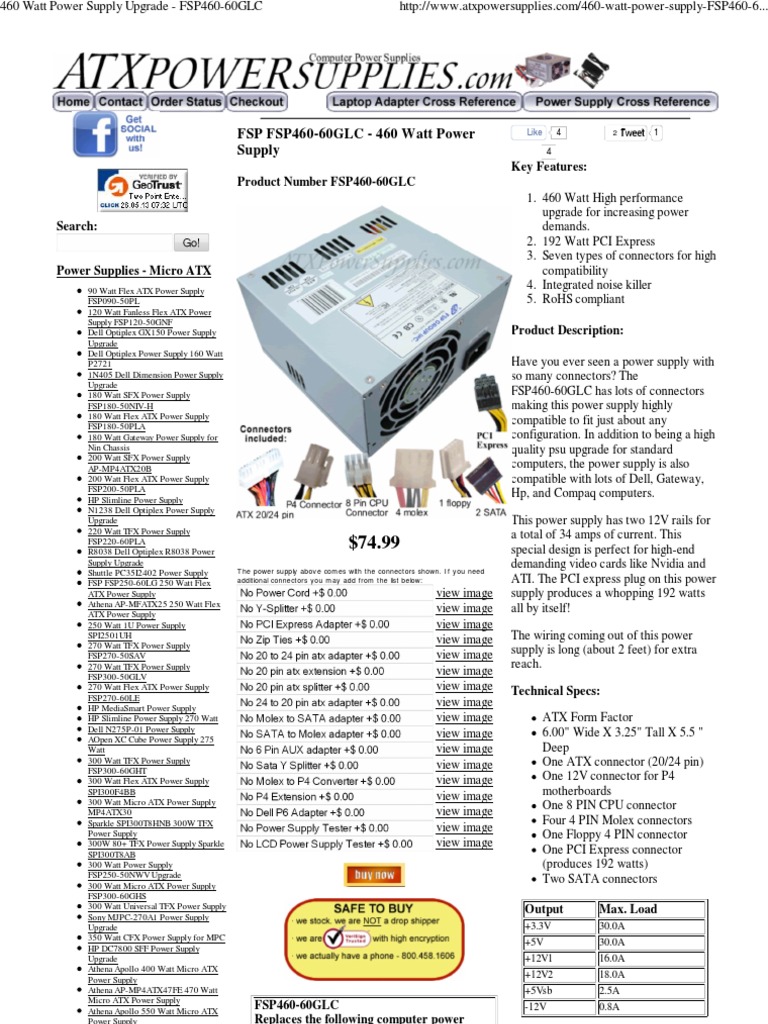 460 Watt Power Supply Upgrade - FSP460-60GLC | PDF