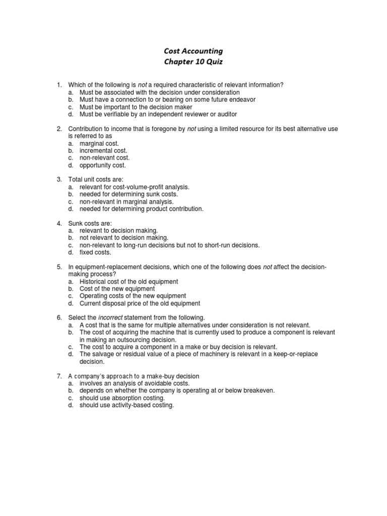 Chapter 10 Cost Accounting Quiz | PDF | Cost | Financial Accounting