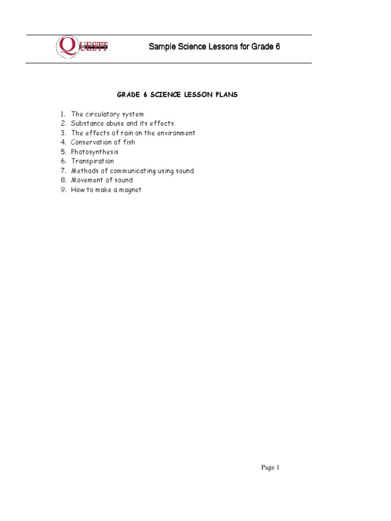 Science Lesson Plans - Grade 6 | PDF