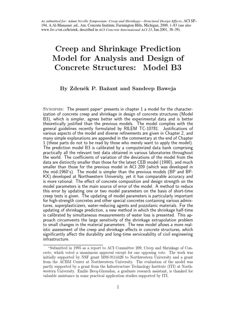 Creep & Shrinkage Prediction Model For Analysis and Design of Concrete Structures-Model B3 | PDF