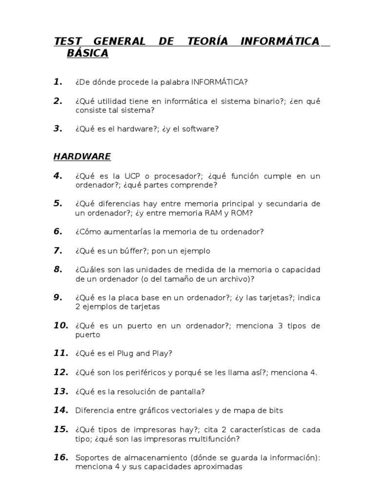 Test General de Teoria Informatica Basica | PDF | Hardware de la ...