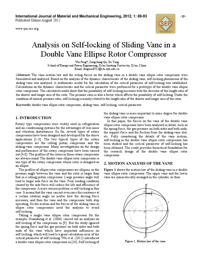 Analysis On Self-Locking of Sliding Vane in A Double Vane Ellipse Rotor ...
