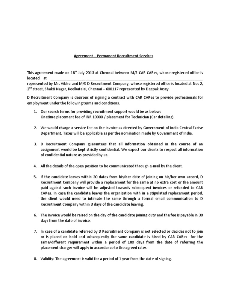 Sample Agreement Format | PDF | Recruitment | Fee
