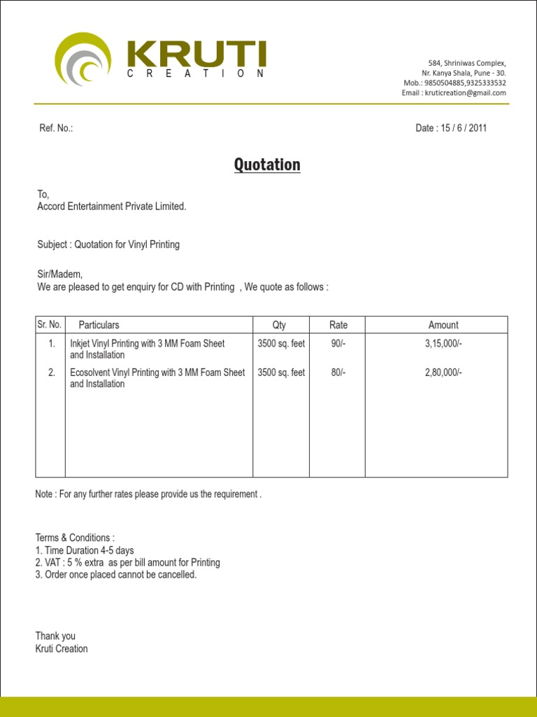 Quotation: Ref. No.: Date: 15 / 6 / 2011 | PDF | Business