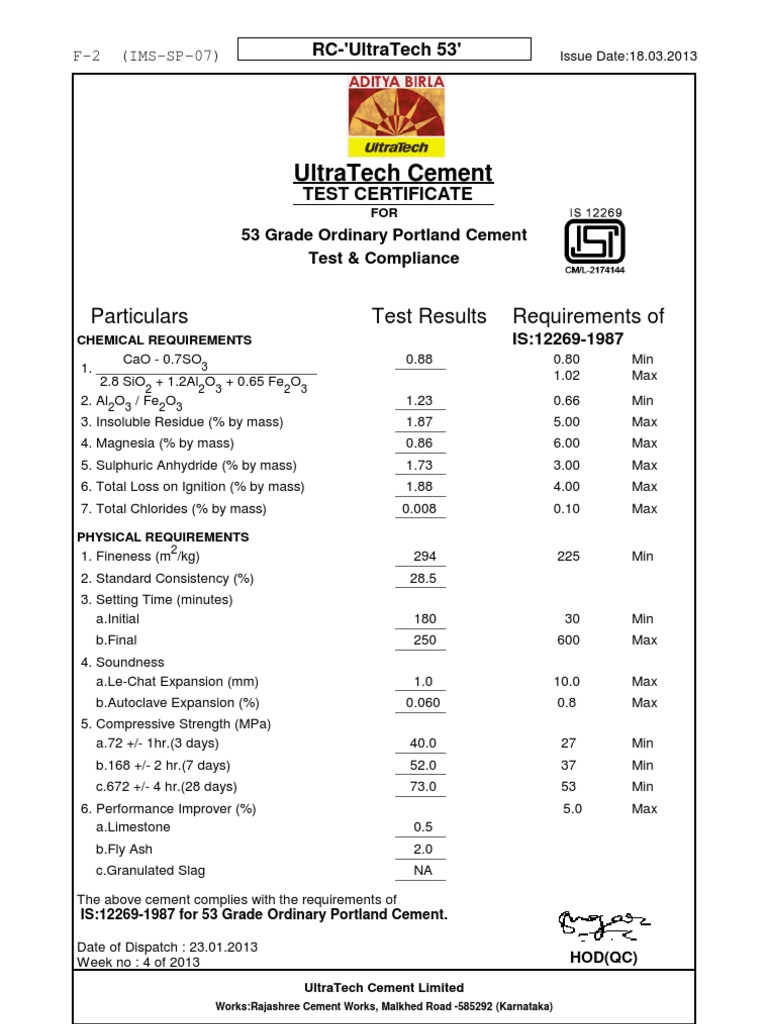 UltraTech 53 Grade Cement Specifications | PDF | Cement | Composite ...
